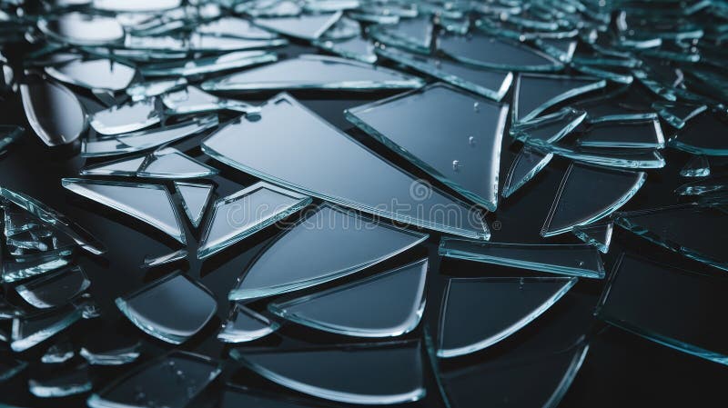 Shattered Glass Pieces Scattered on a Dark Surface, Reflecting Light ...