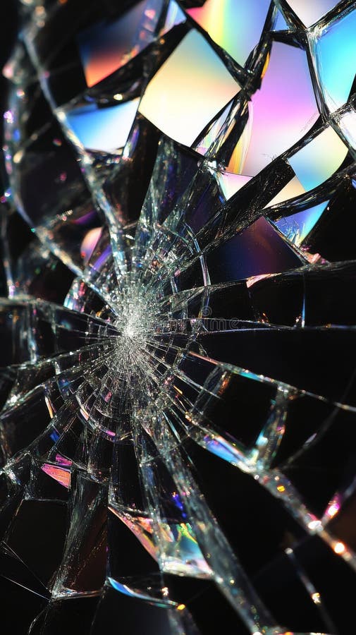 Shattered Glass with Rainbow Reflections, Close-up. Abstract Art and ...
