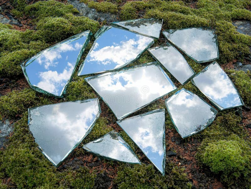 Shattered Glass Reflections on Moss-covered Ground Stock Illustration ...