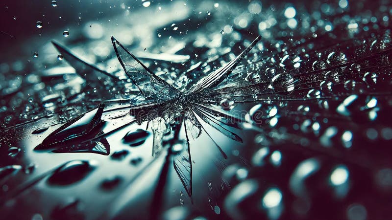 Shattered Glass with Reflections and Water Droplets in a Darkened ...