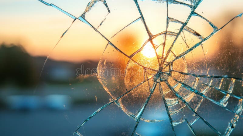 Shattered Glass Reveals Sunset Hues through Cracks Stock Illustration ...