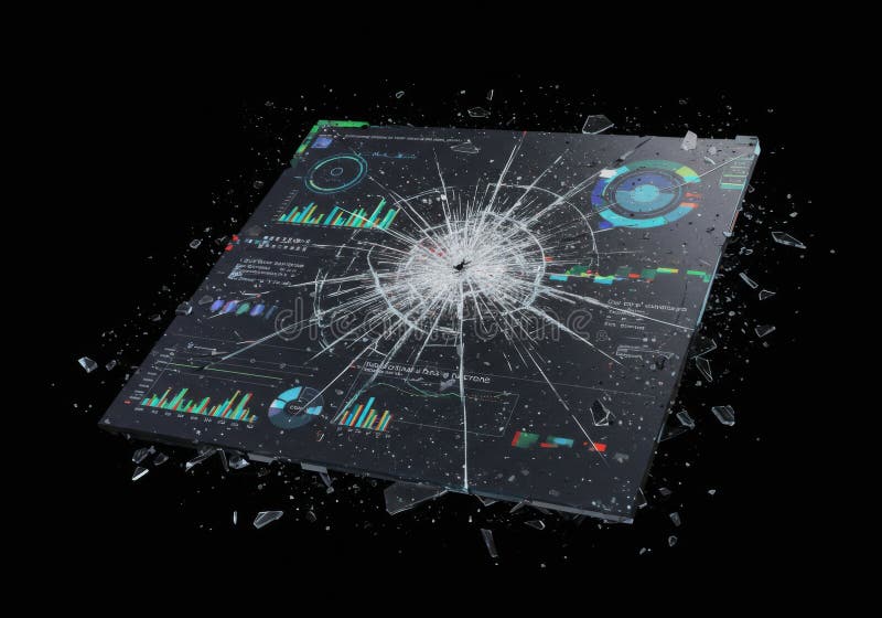 Shattered Glass Screen with Data Charts and Graphs Stock Illustration ...