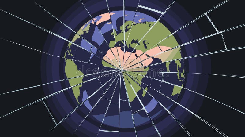 A Shattered Glass Screen with a Distorted Globe Reflection. Stock ...