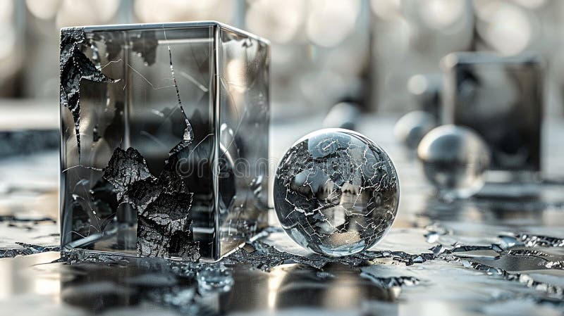 Shattered Glass Sphere and Cube on Reflective Surface with Intricate ...