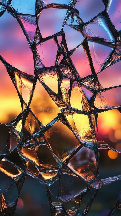 Shattered Glass with Sunset Reflection, Abstract Art Concept Stock ...