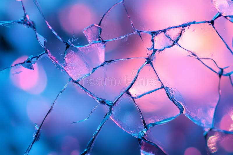 Shattered Glass Surface Reflecting Vibrant Pink and Blue Lights Forming ...