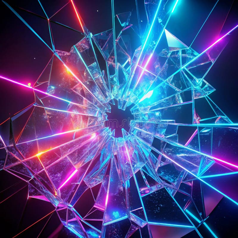 Shattered Glass with Vibrant Neon Light Radiating Outward Stock Photo ...
