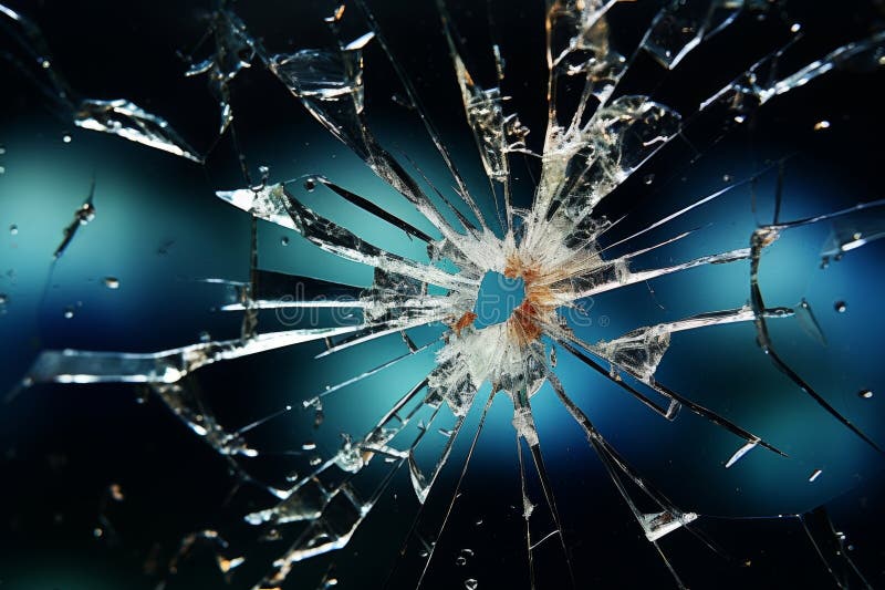 Shattered Glass Window with Circular Hole, Emphasizing Extensive Damage ...
