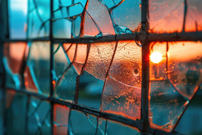 Abstract Shattered Glass Window Reflecting a Stunning Sunset Landscape ...