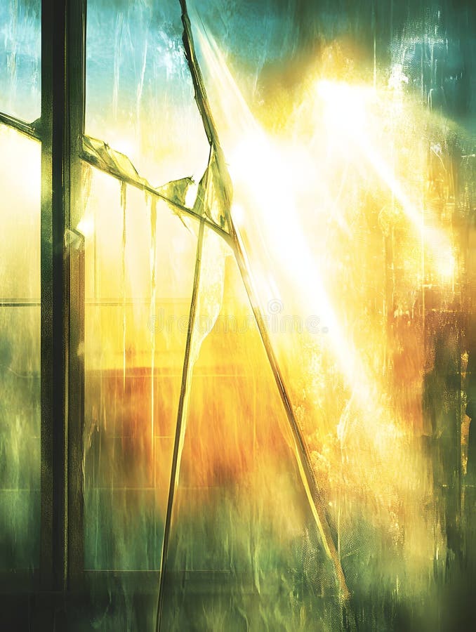 Shattered Glass Window Golden Hour Abstract Art Dramatic Light Rays ...