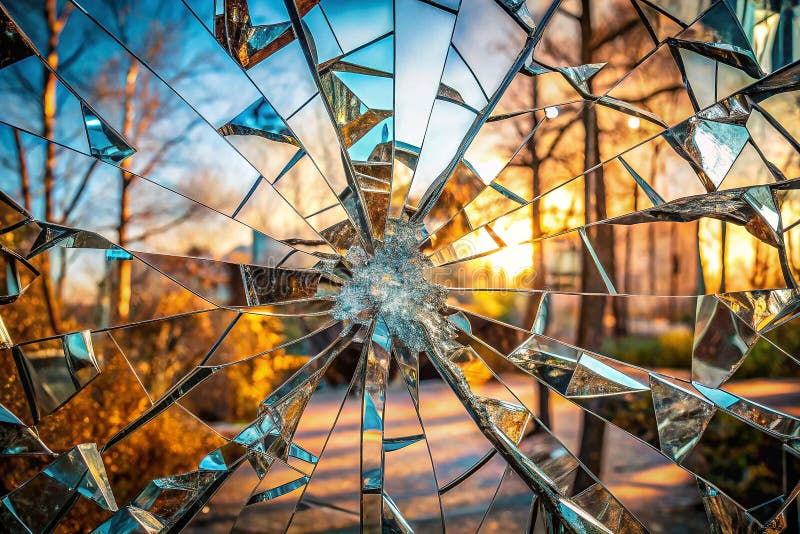 Shattered Glass Window Reflects Park at Sunset Stock Illustration ...