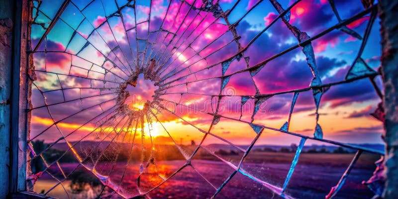 Shattered Glass Window Reveals a Vibrant Sunset Landscape. Generative ...