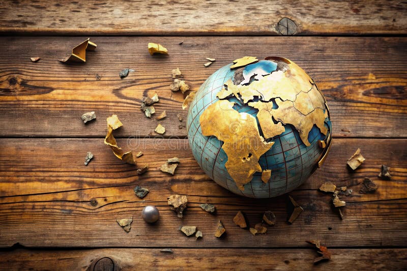 A Shattered Globe on Weathered Wooden Surface a Conceptual Image ...