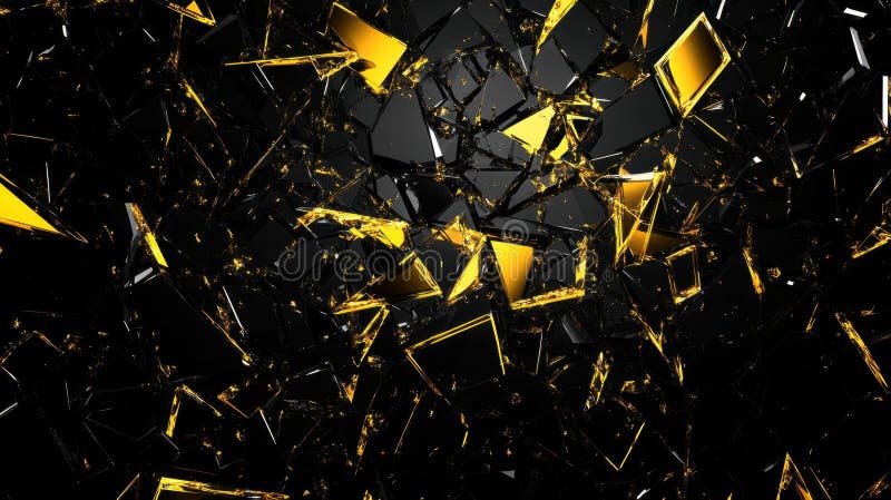 Shattered Gold Glass Fragments on Black Background Stock Illustration ...
