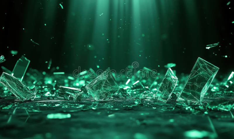 Shattered Green Glass Pieces Reflecting Light in Dark Environment Stock ...