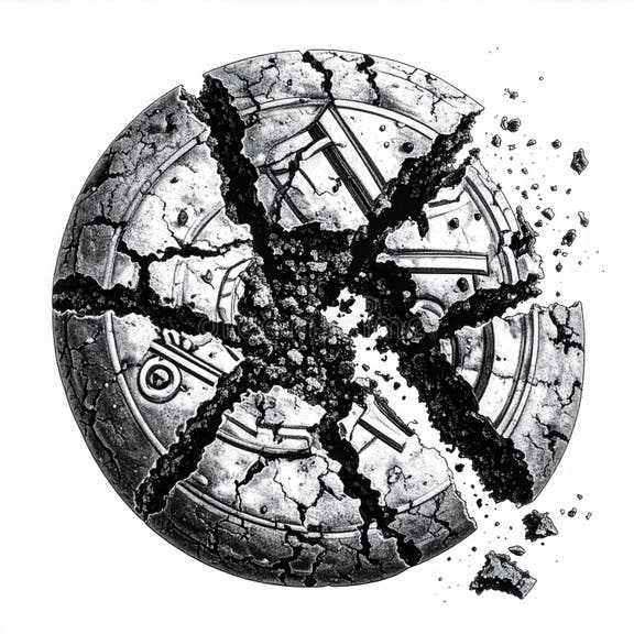 Shattered Grey Circle with Cracks and Debris Stock Illustration ...