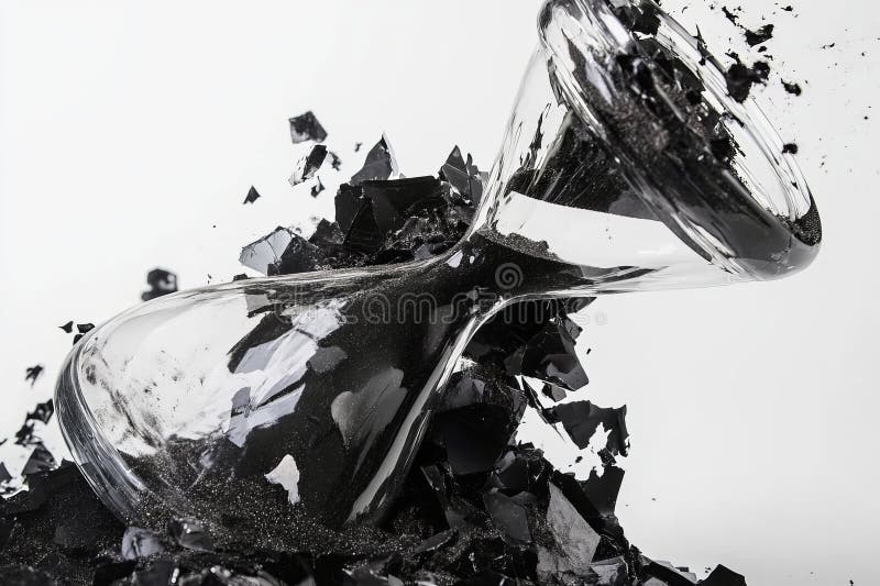Shattered Hourglass with Black Sand Exploding Against a White ...
