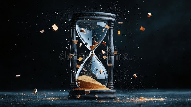 Shattered Hourglass with Flying Sand on a Dark Background Symbolizing ...