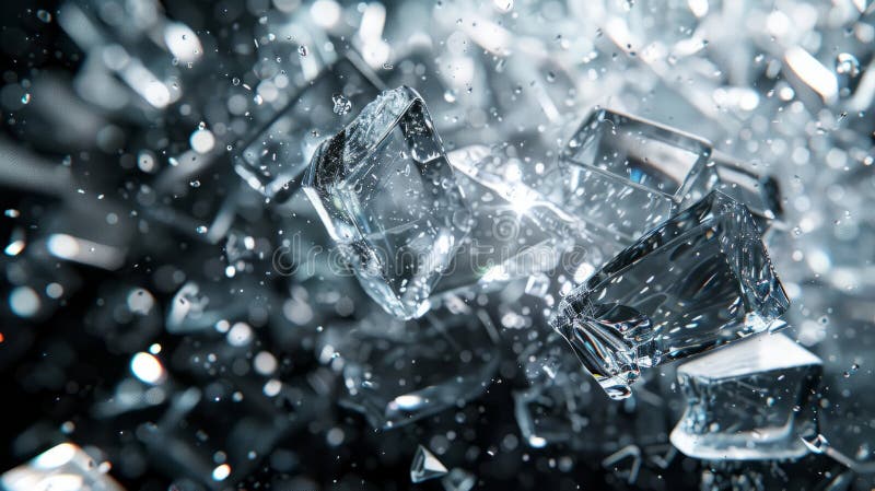 Shattered Ice Cubes Creating Dynamic Splashes Against a Dark Background ...