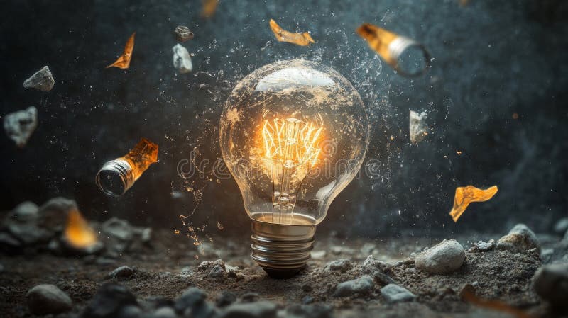 Shattered Light Bulb with Flying Debris in Dramatic Scene Stock Image ...