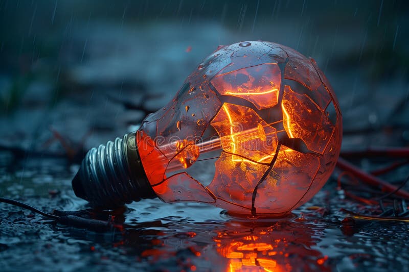 A Shattered Light Bulb Glowing in the Rain on a Dark and Wet Surface at ...