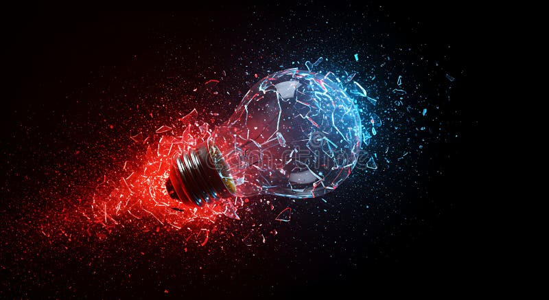 Shattered Lightbulb Exploding with Red and Blue Fragments on Black ...