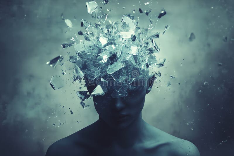 Shattered Mind Concept, Fragmented Glass Exploding from Head, Surreal ...