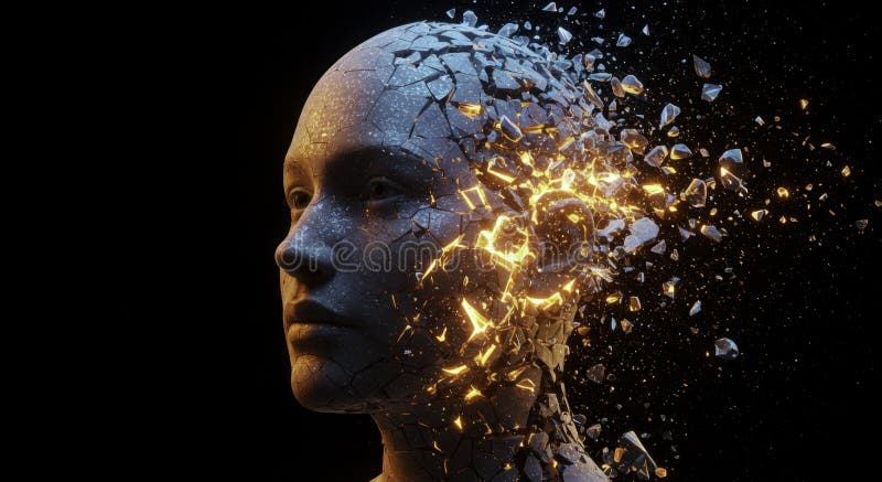 Shattered Mind: a 3D Render of a Crumbling Head with Glowing Fragments ...