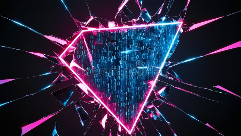 Shattered Neon Hologram with Binary Code, Glowing in Blue and Pink ...