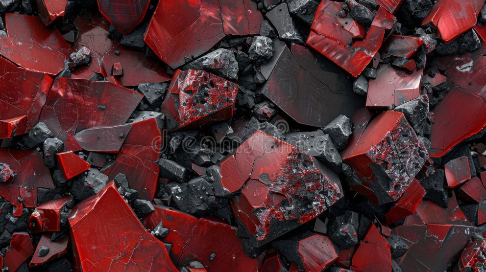 Vibrant Red and Black Shattered Glass Covering a Surface in an Abstract ...