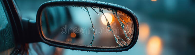 A Shattered Rearview Mirror Hangs Precariously by a Thread within the ...