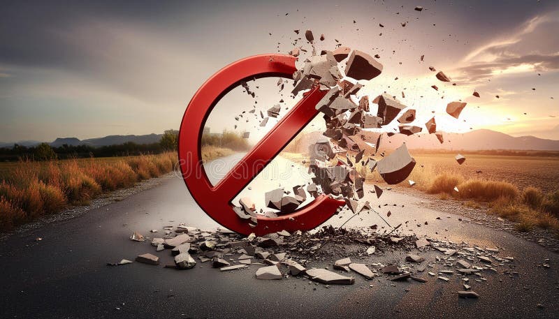 Shattered Red No-entry Sign in a Dramatic Rural Sunset Setting Stock ...