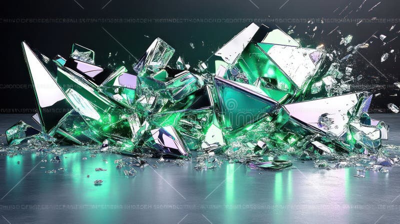 A Shattered, Reflective Crystal Structure with Green Lighting and Sharp ...