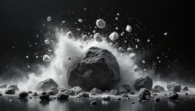 Shattered Rock Boulder Exploding into White Dust on Black Background ...