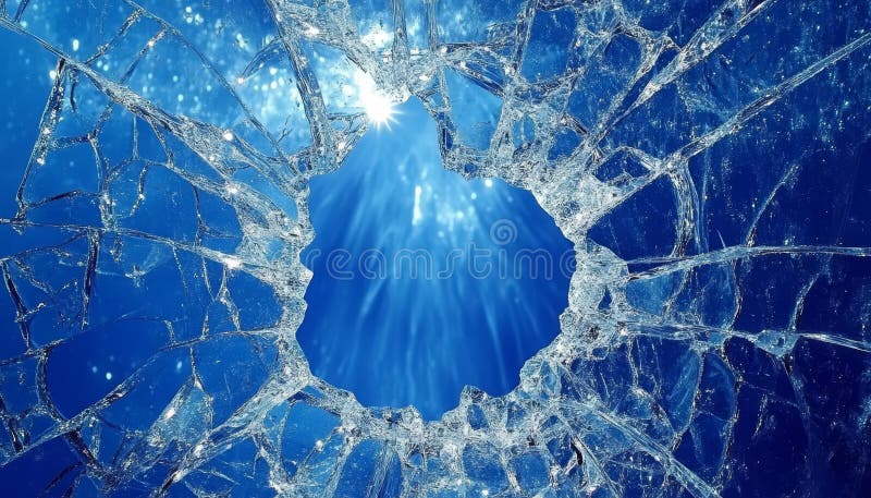 Shattered Security Broken Glass Window Reveals Clear Blue Sky ...