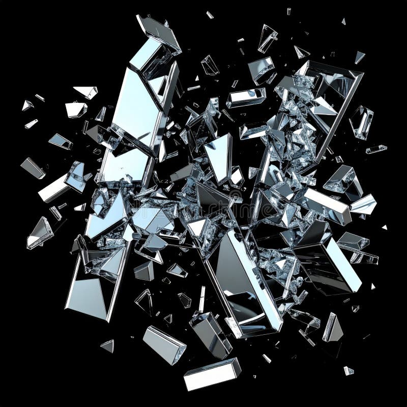 Shattered Silver Glass Fragments on Black Background Stock Illustration ...