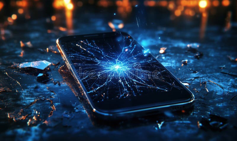 Shattered Smartphone Screen with Glowing Cracks and Reflections in Dark ...