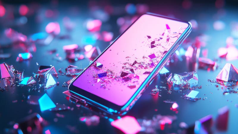 Shattered Smartphone Screen with Pink and Blue Neon Lights Stock ...