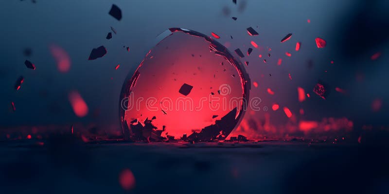 A Shattered Sphere Glowing Red with Fragments Floating in a Dark Blue ...
