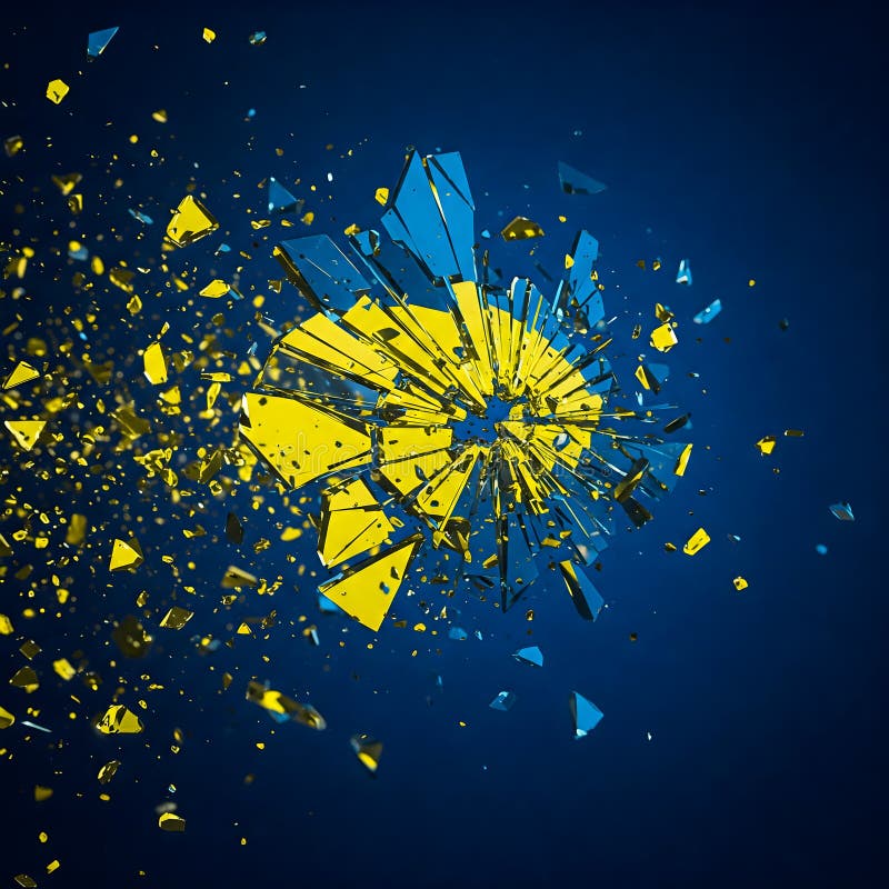 Shattered Sphere with Yellow and Blue Fragments on a Dark Blue ...