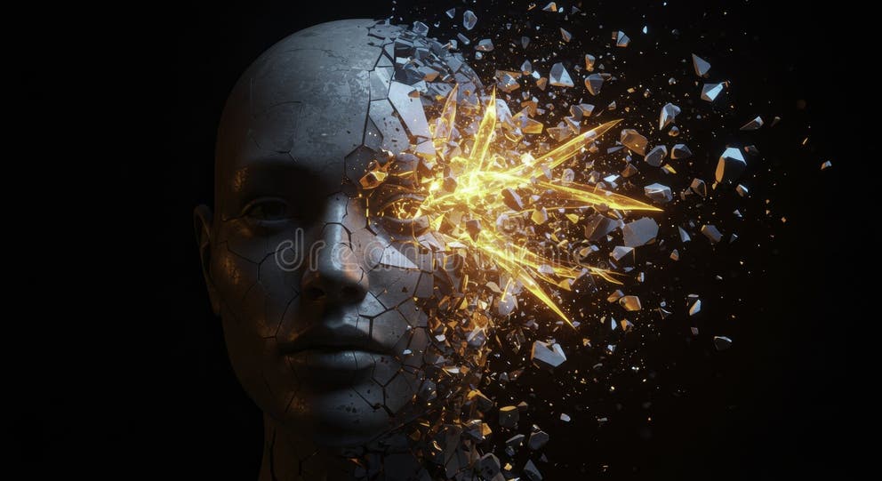 Shattered Stone Face: Abstract 3D Render of Exploding Head Stock ...