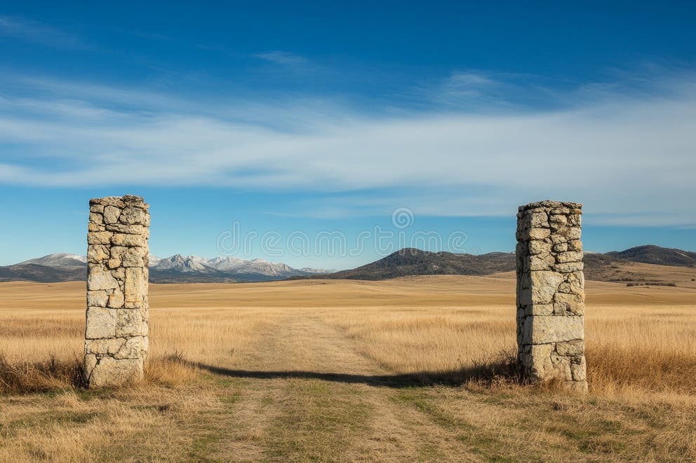 A Shattered Stone Gate, Expansive Landscape, and Remote Peaks Stock ...