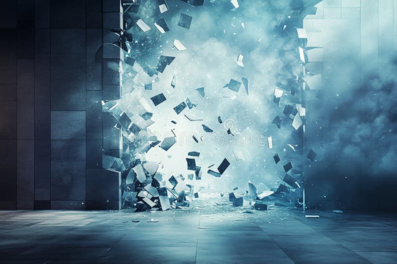 Shattered Wall with Explosive Cloud and Flying Debris in Abstract Space ...