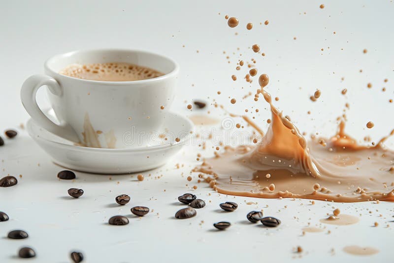 Shattered White Porcelain Coffee Cup Splashes Coffee and Beans on White ...