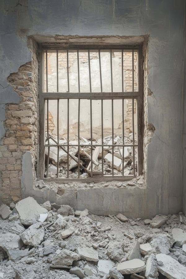 The Shattered Window Frame Reveals Concrete and Metal Fragments. Stock ...