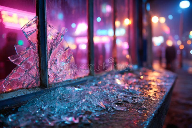 Shattered Window in a Neon-Lit City at Night Stock Illustration ...