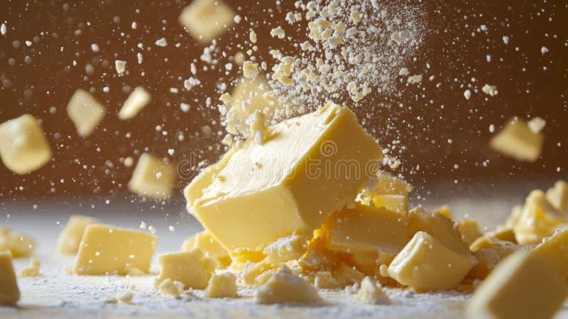 Shattering Butter Cubes: Yellow Dairy Chunks Flying Against Brown ...