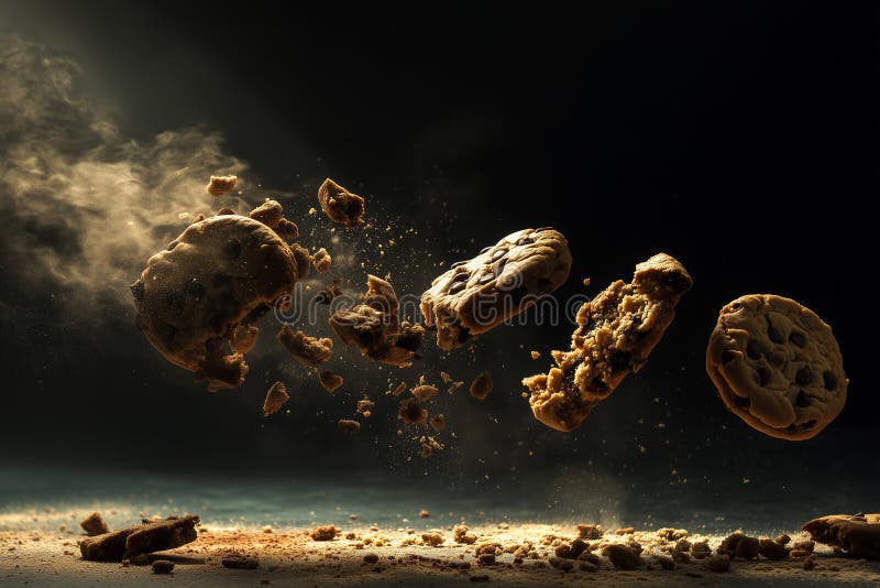 Shattering Chocolate Chip Cookies in Dramatic Light Stock Photo - Image ...