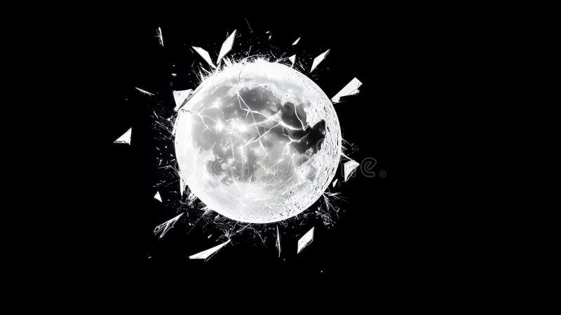 Shattering Moon, Glowing Orb Exploding in Dark Space Stock Illustration ...