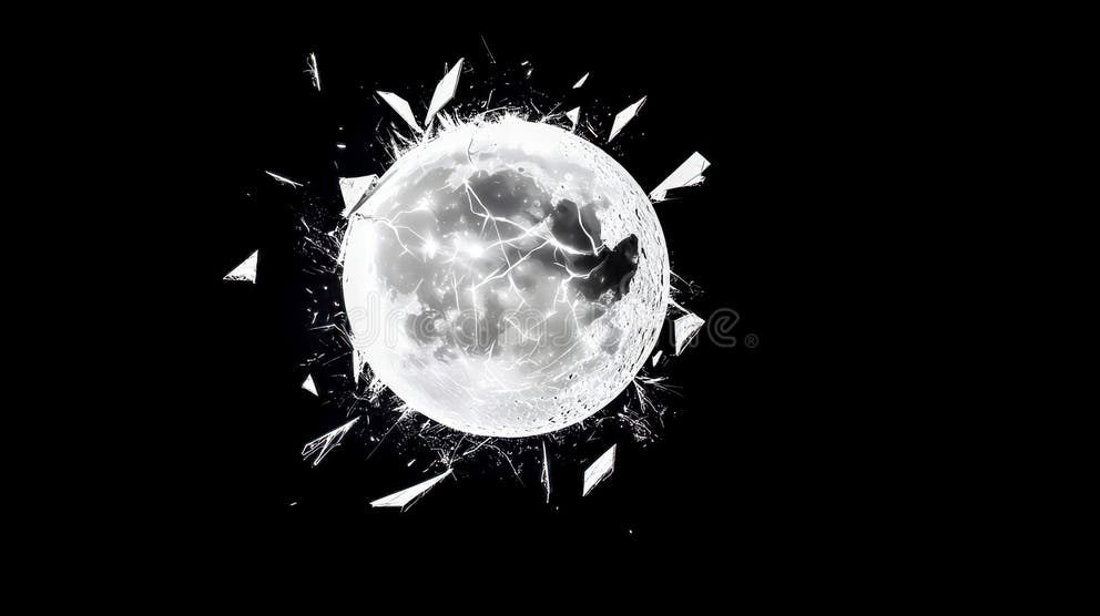 Shattering Moon, Glowing Orb Exploding in Dark Space Stock Illustration ...